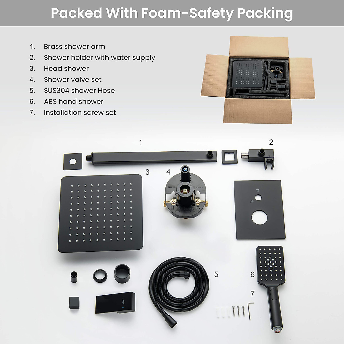 KIBI Cube Bathroom Shower System | 2-Function Wall Mounted Shower Faucet Set with Solid Brass Pressure Balanced Valve | Three Hand Shower Modes | 15-inch Long Shower Arm | Matte Black (KSF405)