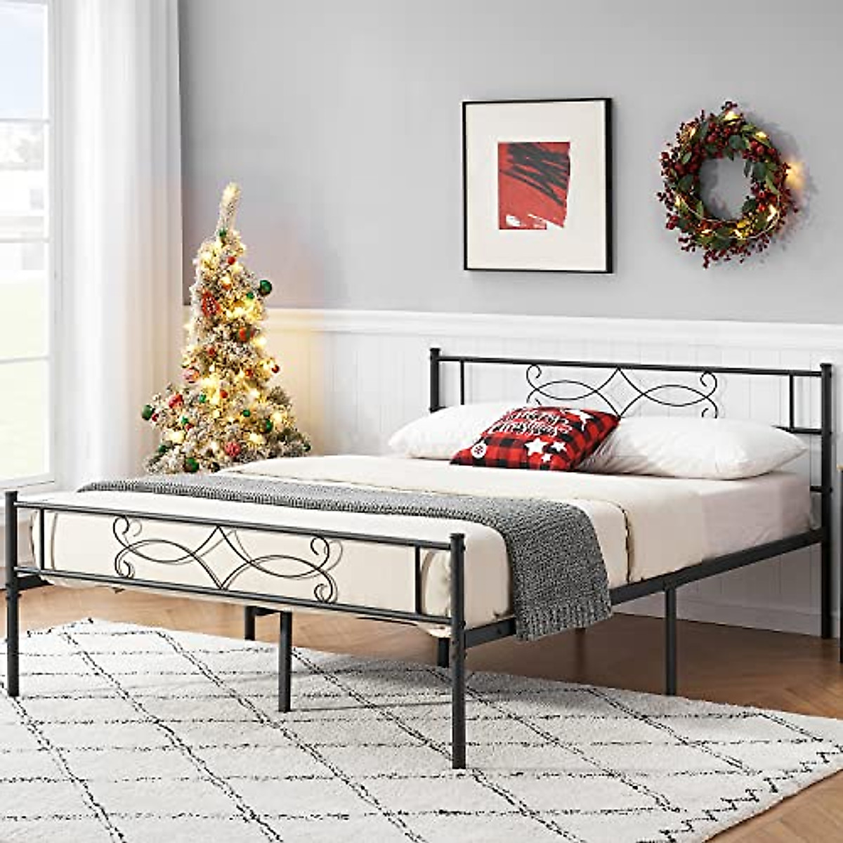 VECELO Full Size Bed Frame Metal Platform /Mattress Foundation with headboard Footboard / Steel Slat Support / No Box Spring Needed / Easy Assembly