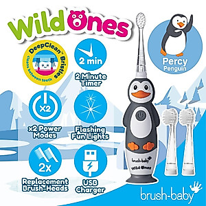 brush-baby WildOnes Kids Electric Rechargeable Toothbrush Penguin, 1 Handle, 3 Brush Heads, USB Charging Cable, for Ages 0-10 (Penguin)