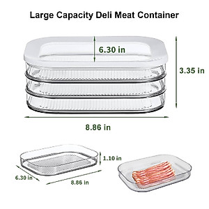 Deli Meat Container for Fridge, Lunch Meat Container with Lids for Refrigerator, 3 Layer Stackable Meal Prep Containers, Food Storage Boxes for Bacon, Cheese, Ham, Cold Cuts, Salami, Clear 1Pack