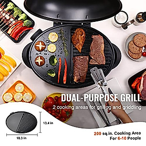 VEVOR Indoor/Outdoor Electric Grill, 1800W 200sq.in Electric BBQ Grill & 2 Zone Grilling Surface, Non-stick Ceramic Coating Plate, Adjustable Temperature, Removable Stand Patio Grill for Party Camping