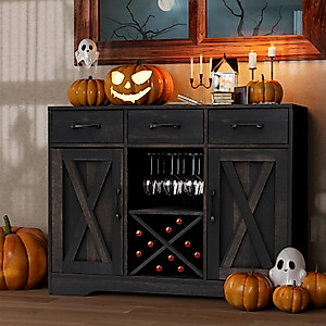 VVFLU Sideboard Buffet Cabinet with Storage Kitchen Farmhouse Coffee Bar Cabinet, Drawers, Removable Wine Rack, Wine Glass Rack, Barn Doors, Adjustable Shelves for Dinning Room, Brown (Dark Wood)