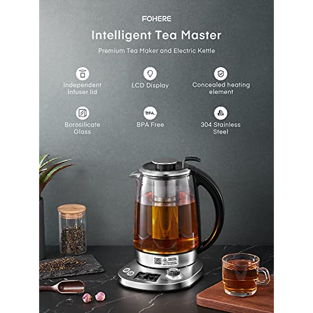 Electric Tea Kettle with 9 Presets, FOHERE Glass Kettle with Removable Infuser, 140℉ to 212℉ Precise Temperature Control, 1200W, 1.7L, Borosilicate Glass | Stainless Steel