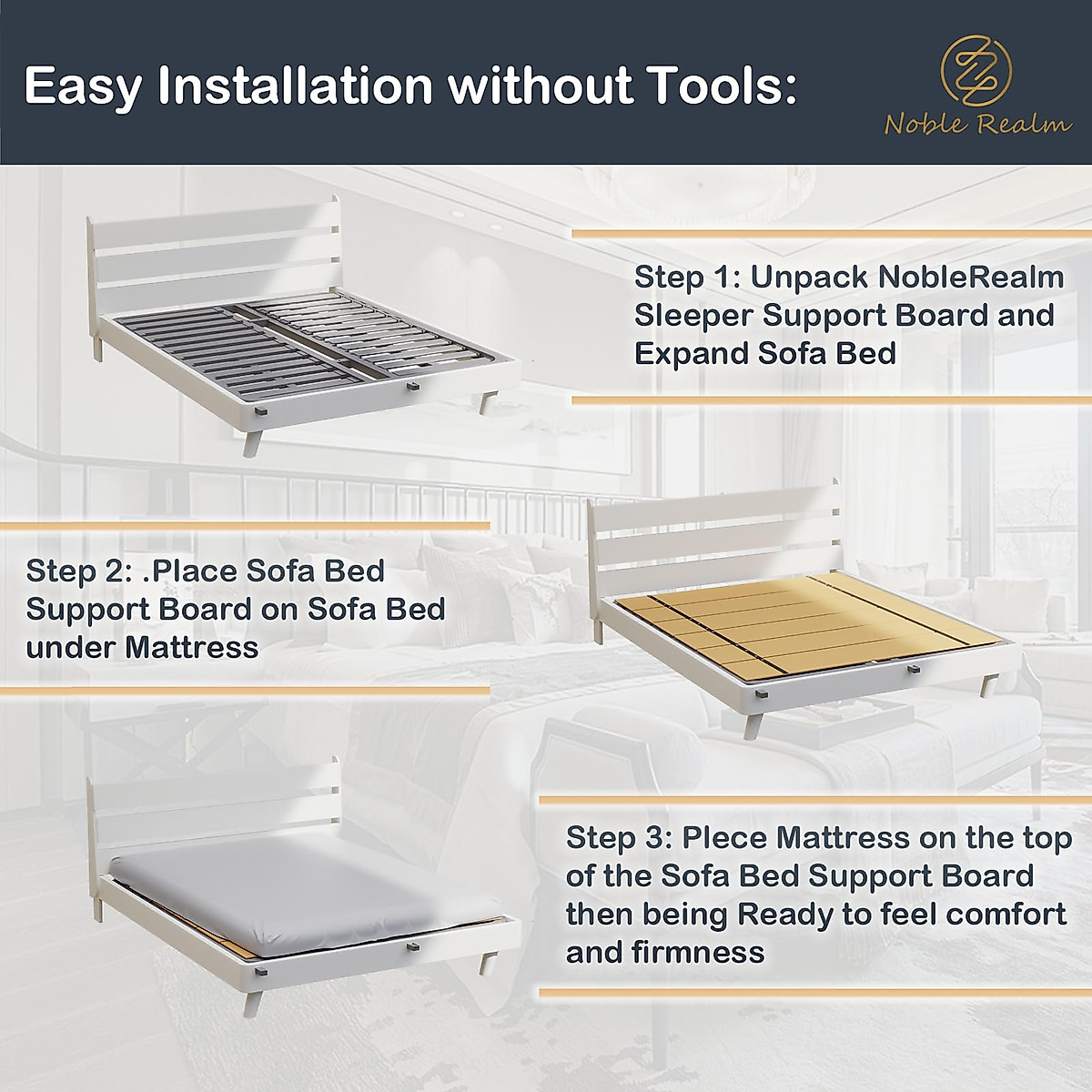 NobleRealm® Foldable Box Spring Full | Full Size Bunkie Board & Bed Support Slats | Bed Board for Mattress Support | Easy Setup, Noise Minimizing, Moisture Resistant (48 x 60 Full Size)