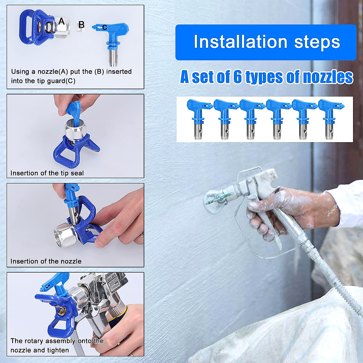 Reversible Nozzles Paint Spray Tips, Weytoll Reversible Nozzles Paint Nozzle Kit, Airless Sprayer Nozzle Kit Sprayer Accessories (6 Pack Contains 211, 315, 417, 515, 517, 523)