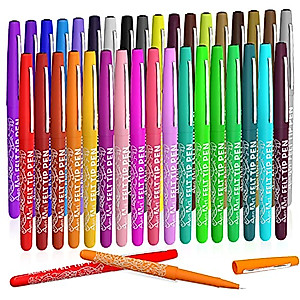 Felt Tip Pens, 35 Colored Fine Point Felt Pen with Fiber Tip, Water-Based Ink, Perfect Markers Pen for Bullet Journaling Adult Coloring, Note Taking at School Office