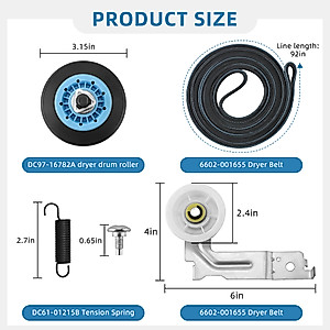 Upgraded Dryer Repair Kit DC97-16782A Dryer Roller Compatible with Samsung DV50K86EV/A3 DV40J3000EW/A2 DV42H5000EW/A3 Includes 6602-001655 Dryer Belt DC93-00634A Dryer Idler Pulley With Tension Spring