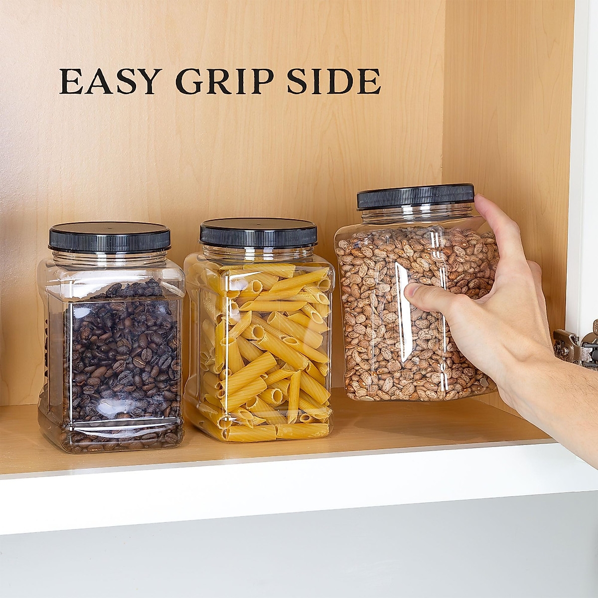 Cornucopia 48oz Square Plastic Jars (3-Pack); Clear Rectangular 6-Cup Canisters w/ Black Lids, Easy-Grip Side