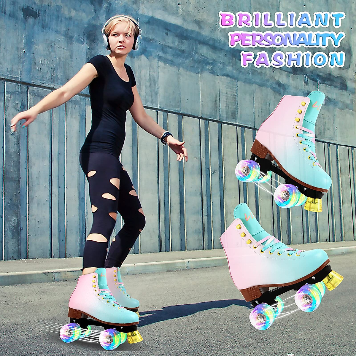 LIKU Quad Roller Skates for Girl and Women with All Wheel Light Up,Indoor/Outdoor Lace-Up Fun Illuminating Roller Skate for Kid (Pink&Blue, 7-8)