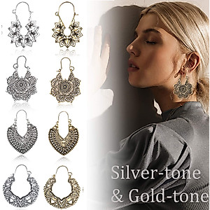 FIBO STEEL 8 Pairs Vintage Mandala Flower Gypsy Drop Dangle Earrings for Women Boho Retro Tribal Hollow Earrings Set