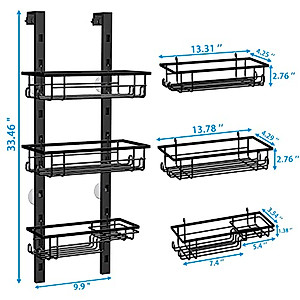 Spaclear Over The Door Shower Caddy, 3-Tier Adjustable Hanging Shower Shelves, Rustproof Stainless Steel with Hook Bathroom Organizer with Soap Holder for Inside Bathroom & Kitchen Storage, Black