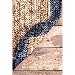 Rangneel Handloom Beige with Blue Border Handmade Rustic Rectanglular Jute Rug (8x11 Feet)