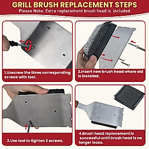 Grill Brush BBQ Cleaner Brush - Barbecue Brush for Outdoor Grill with 1 PCS Replacement Cleaning Head, Grill Cleaning Brush Bristle Free with Stainless Steel Scraper & Wooden Handle for Most Grate