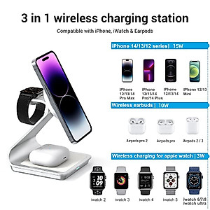 Foscomax 3 in 1 Magnetic Wireless Charging Station, 28W Fast Wireless Mag-Safe Charger Stand with QC3.0 Adapter,for iPhone 14,13,12 Pro Max/Pro/Plus, iWatch Ultra/8/se/7/6/5/4/3/2, AirPods(Silver)