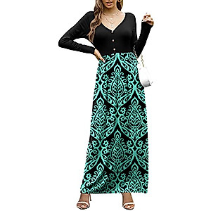 GRECERELLE Women's Long Sleeve Casual V Neck Plain Floral Print Maxi Dresses with Pockets Long Dress