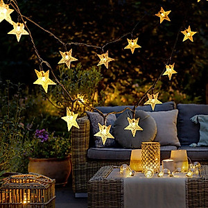Solar star string lights, 39Ft 100LED, solar fairy lights with remote control 8 lighting modes, outdoor waterproof star flashing lights, suitable for home/party/garden/wedding/Christmas (warm white)