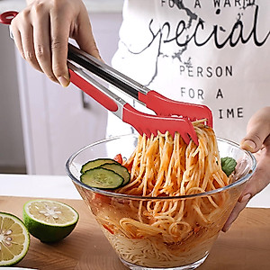 2 Pieces Spaghetti Spoon and Pasta Tong,Non-stick 13-Inch Silicone Spaghetti Fork and 9.8-Inch Stainless Steel Handle Spaghetti Tong Food Clip for Spaghetti Noodle (Red)