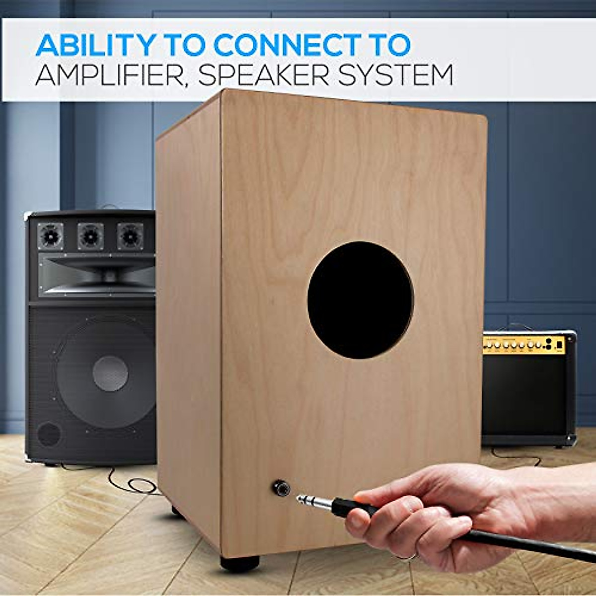 Pyle Wooden Hand Drum Percussion Beat Box-Hybrid Electronic Style Acoustic E-Cajon w/Built-in Pickup Connector, Internal Guitar Snare String PCJD50