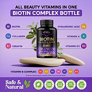 Biotin | Collagen | Keratin | Hyaluronic Acid - Hair Growth Support Supplement | Skin & Nails Beauty Complex 25000 mcg - B1 | B2 | B3 | B6 | B7 - Made in USA - For Women & Men | 60 Capsules