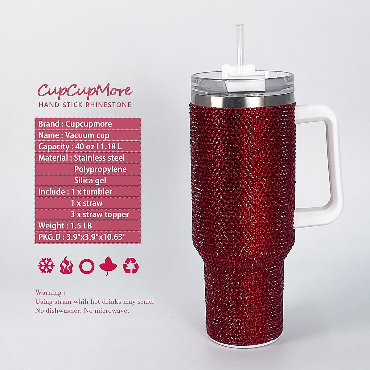 Cupcupmore 40oz Burgundy Red Bling Rhinestone Stainless Steel Sippy Tumbler Glitter Vacuum Insulated Water Bottle with Straw & Lid &Handle,Thermos for Hot & Cold Drinks,Car Cup Holder,Coffee