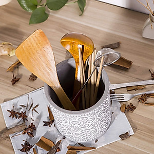 Farmhouse Kitchen Cooking Utensil Holders | Fine Embossed Cement Utensils Crock | Cement Utensil Container Kitchenware Flatware Organizer Decor Utensils Caddy (Pattern 1)