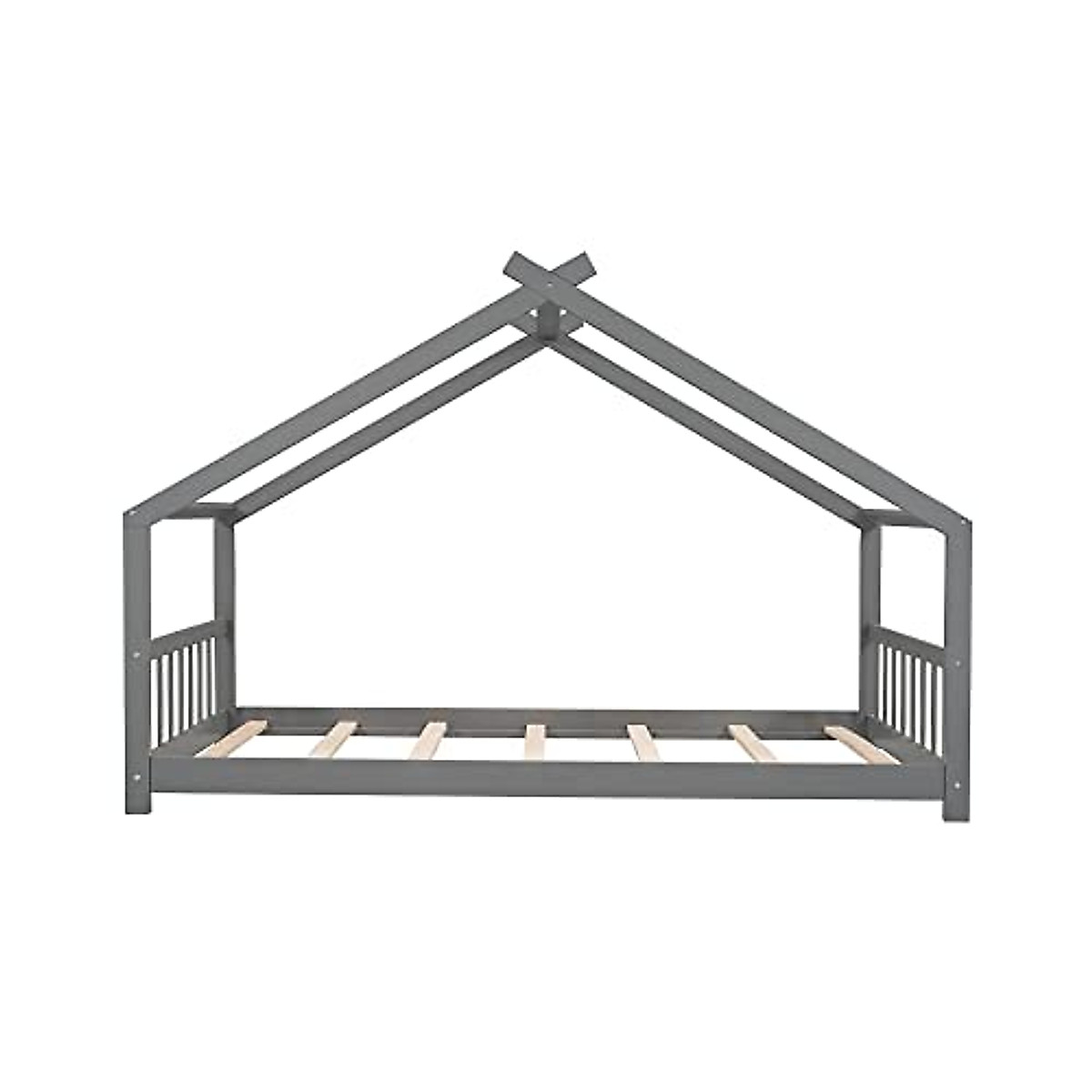 Merax Twin Wood House Bed Frame with Headboard Cute Montessori Platform Bed for Boys Girls,No Box Spring Needed (Twin,Grey)