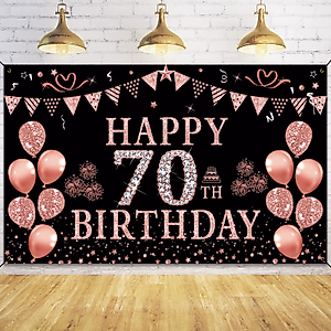 Trgowaul 70th Birthday Decorations for Women - Rose Gold 70th Birthday Banner Backdrop 5.9 X 3.6 Fts 70th Birthday Party Suppiles Photography Supplies Background Happy 70th Birthday Banner