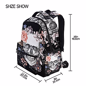 Wamika Sugar Skull Skeleton Backpacks for Girls Kids Boys Rose Flowers School Book Bags Waterproof Student Laptop Backpack College Carrying Bag Casual Durable Lightweight Travel Sports Daypacks