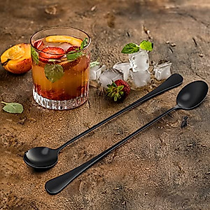 GLAMFIELDS Black 9.5 Inch Long Handle Iced Tea Spoons, Coffee Spoons, Ice Cream Spoon, Stainless Steel Cocktail Stirring Spoons, Set of 4