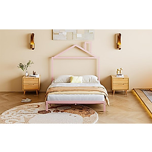 Bellemave Metal Full Bed for Kids, Girls Bed with House Shaped Headboard and Chiminey, Low Bed Frame with and Slats,Pink Bed Frame Full Size,No Box Spring Needed, Easy Assembly