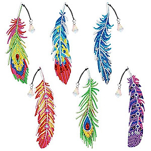 Feather Bookmark Diamond Painting Kit - pigpigboss 6 Pack DIY Acrylic Bookmark with Tassel Floral Bookmark Diamond Painting Art Feather Bookmark Diamond Dots for Adult Kid
