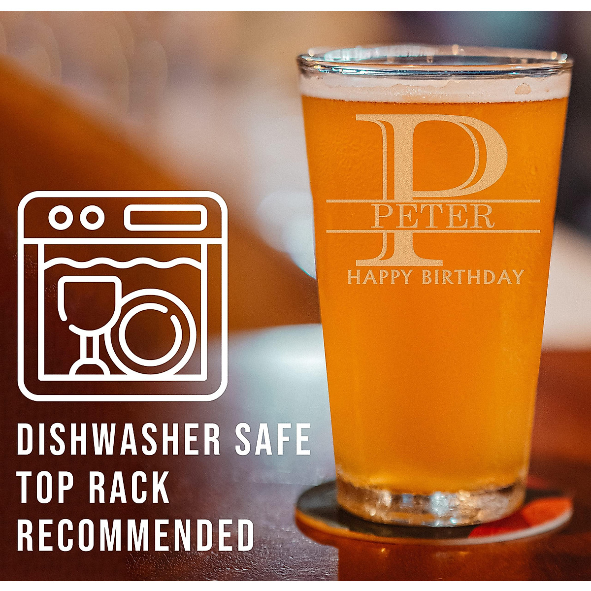 Personalized Etched 16oz Pint Beer Glass – Beer Gifts, Custom Engraved Drinking Glasses, Customized Retirement Gift for Men, Birthday Gifts for Him, Beer Lover Cup, Groomsmen Wedding, Halpert Monogram