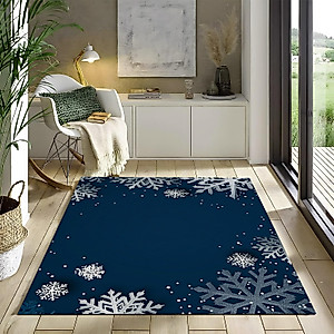 Washable Area Rugs 4x6 ft Carpet, Cartoon Style Snowflake Stripes Print Rugs Dark Blue Stain & Water Resistant Non-Slip, Pet & Child Friendly, Perfect for Living Room, Bedroom, Kids Room
