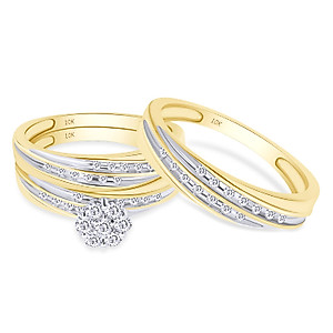 Jewel Zone US Round Cut White Cubic Zirconia Engagement & Wedding Trio Band Ring Set in 10k Solid Gold (0.38 Cttw)