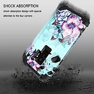 Casetego Compatible with Galaxy S9 Plus Case,Floral Three Layer Heavy Duty Hybrid Sturdy Shockproof Full Body Protective Case for Samsung Galaxy S9 Plus,Blue Flower