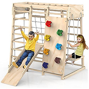 Indoor Jungle Gym, Toddler Climbing Toys Indoor, Indoor Playground Climbing Toys for Toddlers, Climber Playset with Slide, Climbing Rock/Net, Monkey Bars, Drawing Board, Abacus Game and Swing