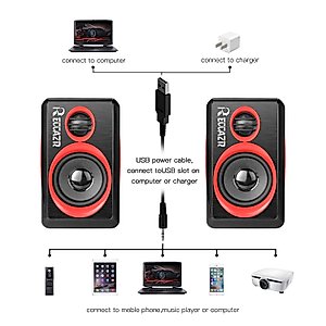 Computer Speakers, 2.0 CH PC Speakers with Surround Sound, USB Wired Laptop Speakers with Deep Bass for Desktop Computer/PC/Laptops/Smart Phone Build-in 4 Loudspeaker Diaphragm Reccazr SP2040|RED