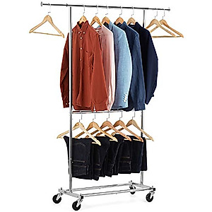 Auledio Expandable Double Rod Clothing Garment Racks On Wheels, Heavy Duty Hanging Clothes Organizer Stand Adjustable Rolling Rack, Chrome