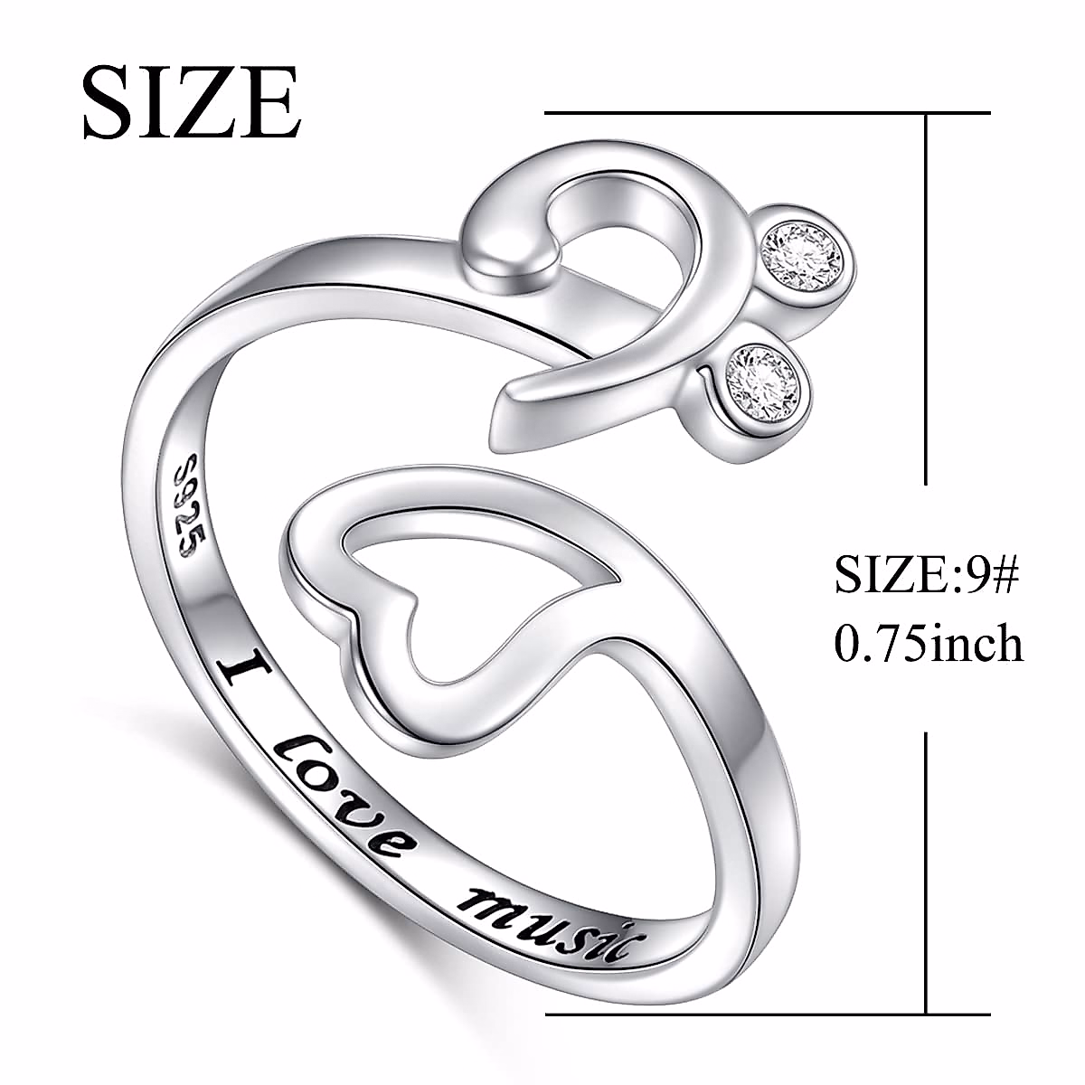 I Love Music Ring 925 Sterling Silver Cubic Zirconia Musical Note Heart Charm Adjustable Open Ring Gift for Women Music Lover, 9