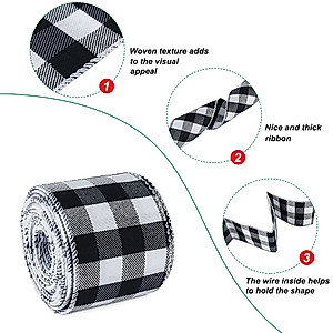 19.6 Yard 2.5 inch Wide Buffalo Plaid Ribbons Wired Edges, 2 Rolls Black and White Checkered Ribbon for Christmas Tree Gift Decorations