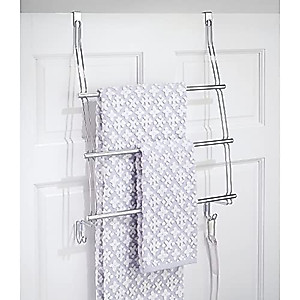 mDesign Adjustable Metal Over Door Towel Rack Holder for Shower and Bath, 3 Tier Rod Hanger with 2 Hooks for Bathroom - Hang Towel, Blanket, Washcloths, Loofahs, Sponges on Back of Door - Chrome