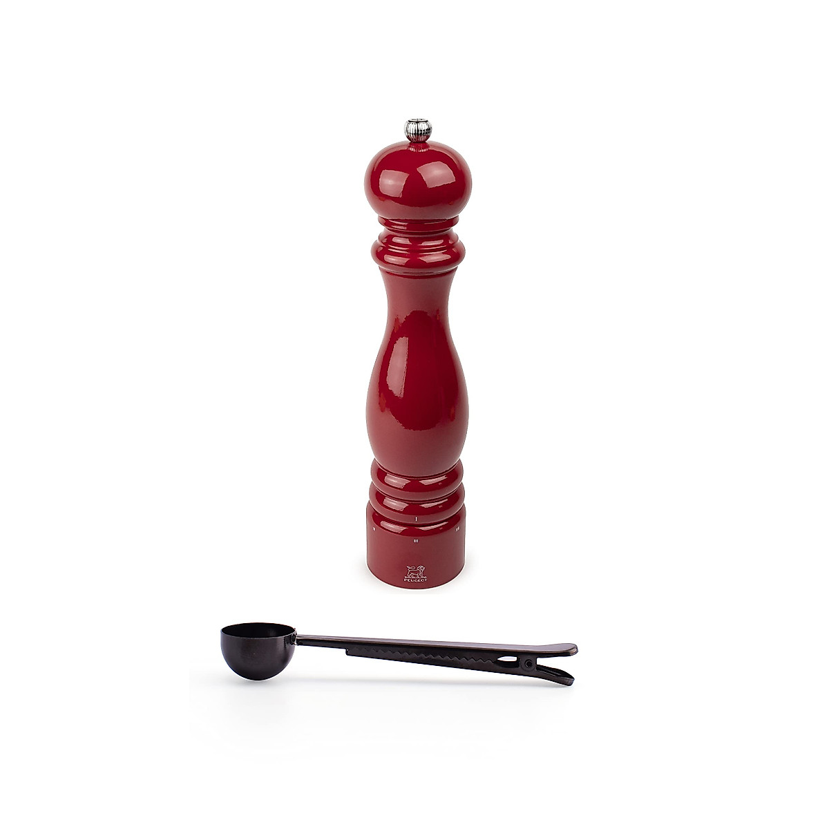 Peugeot Paris u'Select 12-inch Pepper Mill Gift Set, Passion Red - With Stainless Steel Spice Scoop/Bag Clip (Pepper Mill w/ Scoop)