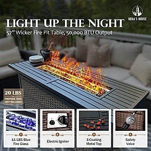 HERA'S HOUSE Patio Furniture Set with 56" Fire Pit Table, Swivel Rocker Chairs with Ottoman, Outdoor Wicker Conversation Set for Lawn Garden Deck Backyard, Beige