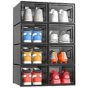 X-Large Shoe Storage Boxes, 8 Pack Black Shoe Box Clear Plastic Stackable, Foldable Plastic Shoe Boxes with Lids, Sneaker Storage for Sneakerheads, Shoe Holder Shoe Organizer Shoe Rack Shoe Bin, Fit for Men/Women US Size 13 (Black)