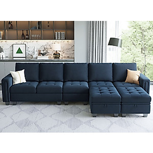 Belffin Large Velvet L Shaped Sectional Sofa Couch with Reversible Double Chaises Modular Sectional Sofa Couch with Storage Ottomans Convertible Sectional Sofa Blue