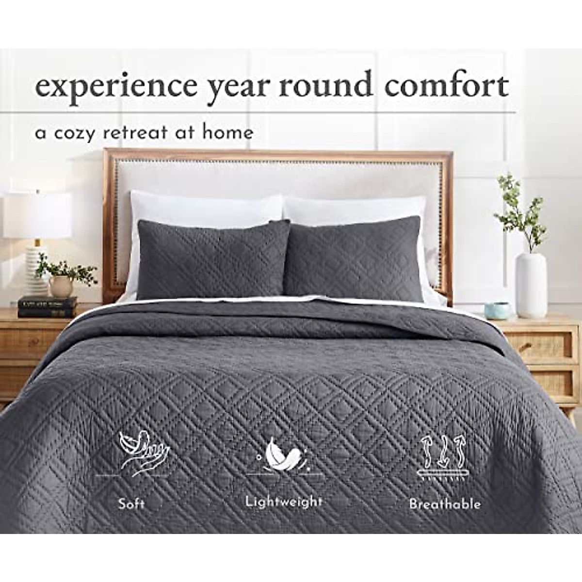 California Design Den Soft 100% Cotton Hand-Quilted Twin/Twin-XL Quilt with Sham, Pure Cotton Fabric & Fill, Charcoal Grey Twin Quilt, Pre-Softened, Diamond Pattern (Charcoal Grey)
