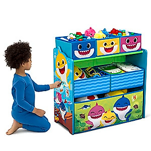 Baby Shark 5-Piece Toddler Bedroom Set by Delta Children - Includes Bed, Table with 2 Chairs and 6 Bin Design and Store Toy Organizer, Blue