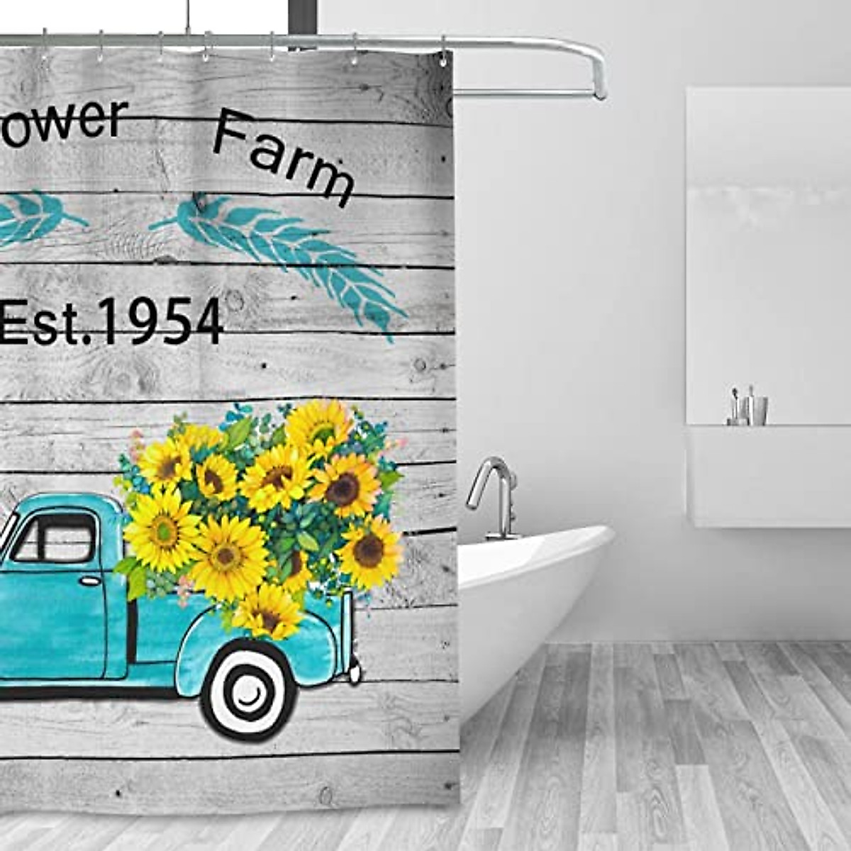 Dexsawoi 4pcs Rustic Sunflower Truck Shower Curtain Set with Non-Slip Sunflower Carpet, Toilet lid, and Bath mat. Bathroom Curtain with 12 Hooks 72 x 72 inches