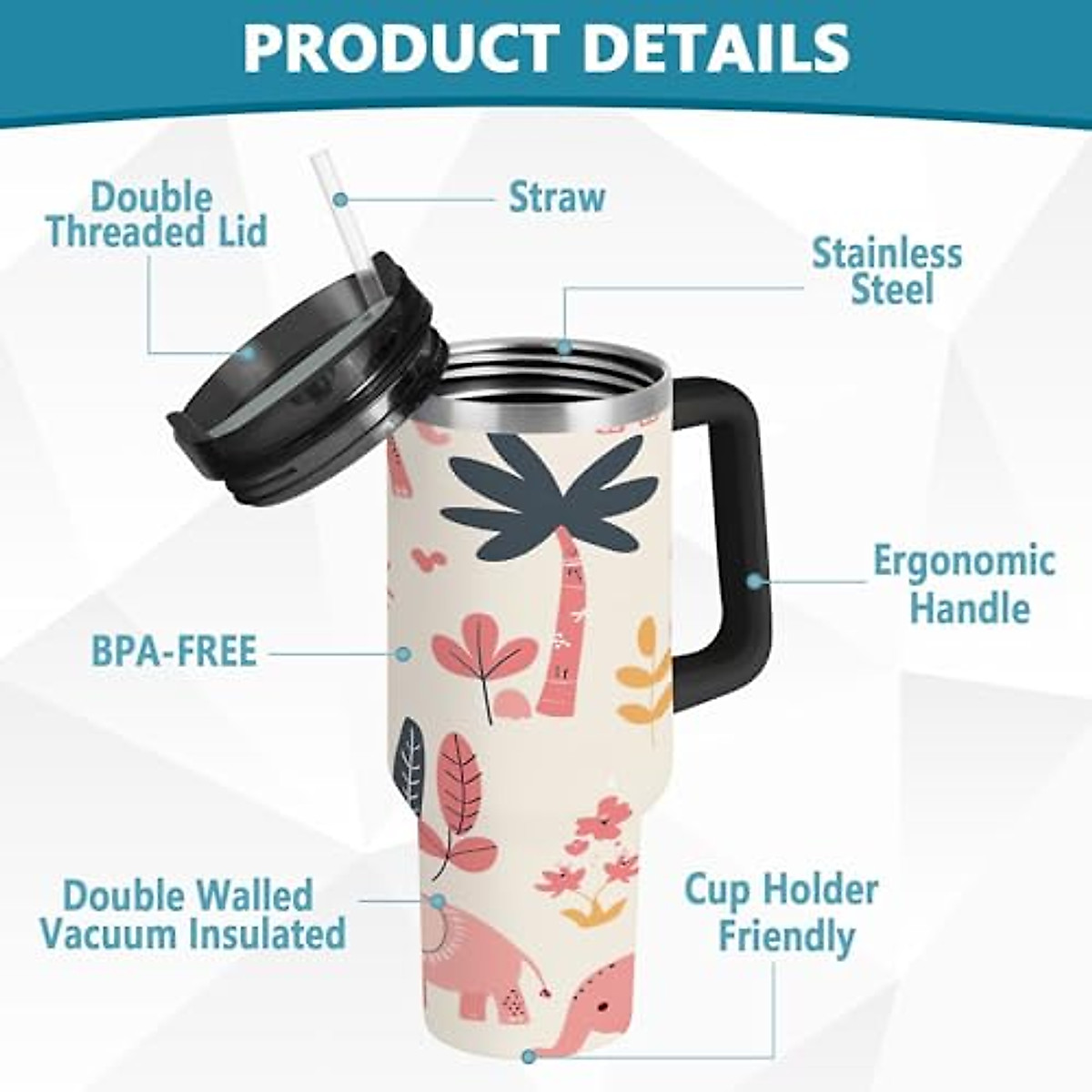 FRCSDIY Cartoon Elephant Insulated Tumbler with Handle and Straw Lid,30oz Leakproof Stainless Steel Cup BPA-Free Water Bottle