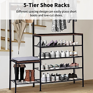 Lynxor Hall Tree with Bench and Shoe Storage, Entryway Coat Rack Shoe Bench with Mat, Freestanding 4-in-1 Coat and Shoe Rack with Wall Rack 9 Hooks Top Shelf for Entrance Foyer Rustic Brown